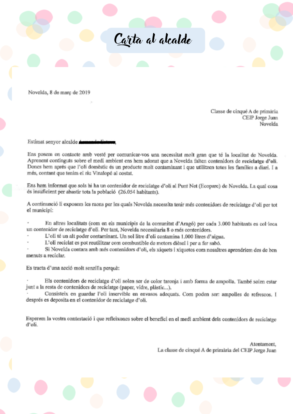 carta alcalde - Una Pizca de Educación | Familia · Maestros · Niños